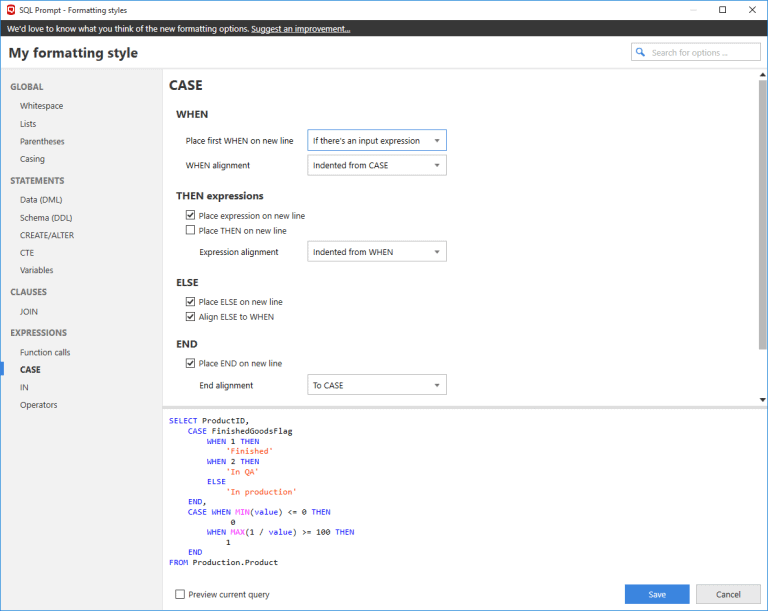 How to customize your formatting styles with SQL Prompt Pro