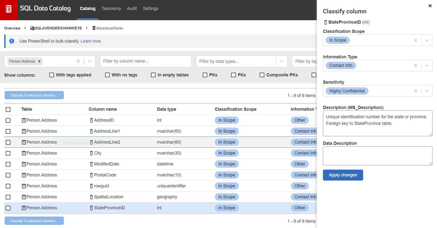 Data Categorization For Adventureworks Using Sql Data Catalog Redgate