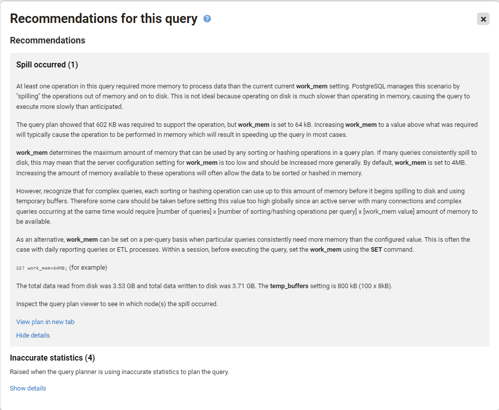 Postgresql Spill To Disk Recommendations In Redgate Monitor Redgate